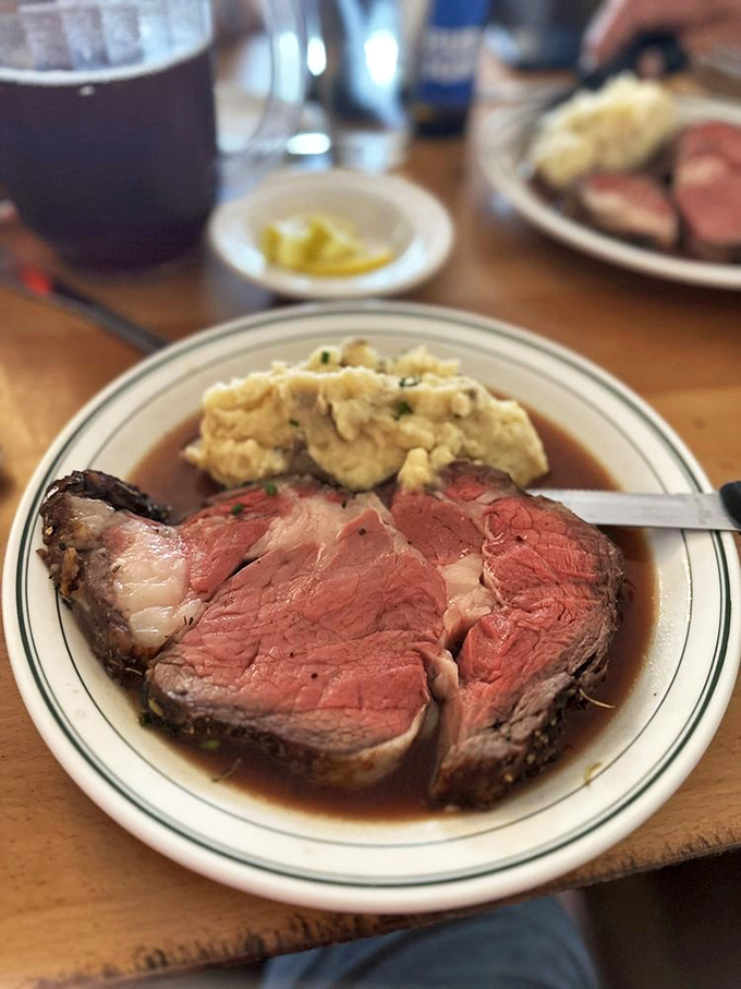 The prime rib arrives like a work of art&mdash;perfectly pink, swimming in savory au jus, with mashed potatoes standing by for gravy-soaking duty.