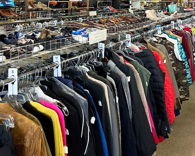 Clothing racks organized by size and type&mdash;a rare luxury in thrift store adventures. No archaeological digging required.