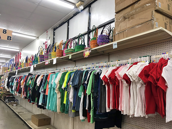 The clothing aisle: where rainbow-colored t-shirts meet woven baskets in a retail marriage that somehow makes perfect sense.