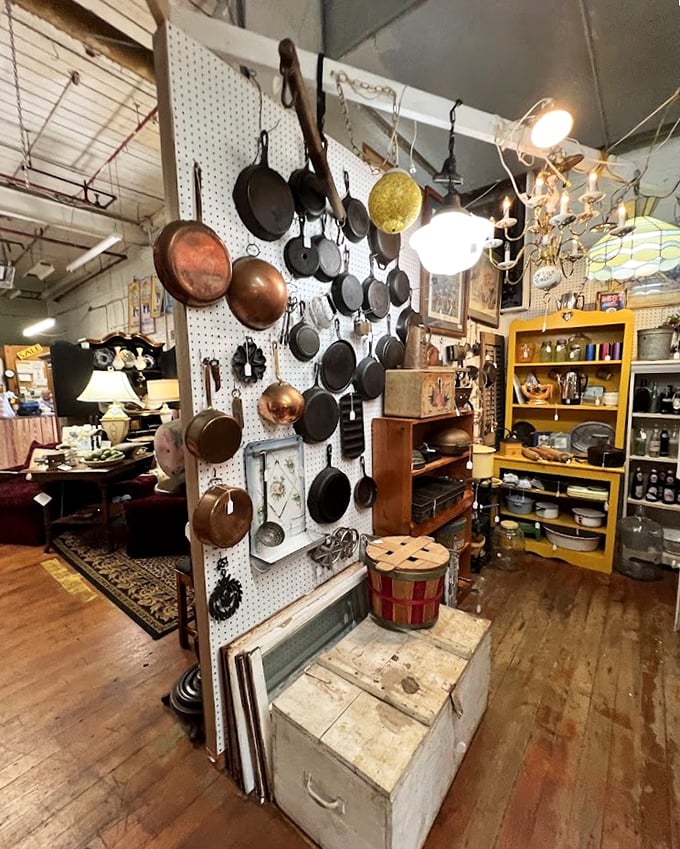 Cast iron heaven! This wall of vintage cookware would make your grandmother nod approvingly&mdash;these pans have fried more Sunday breakfasts than we'll ever know.
