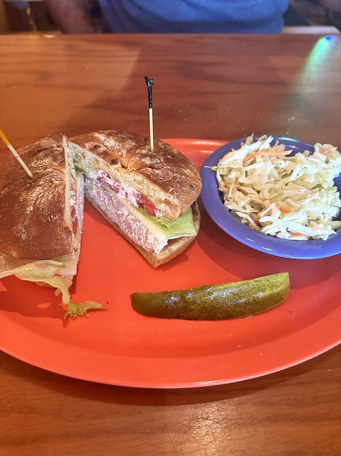 A sandwich that demands to be photographed before eaten. The perfect marriage of crusty bread, fresh seafood, and crunchy slaw makes for edible paradise.