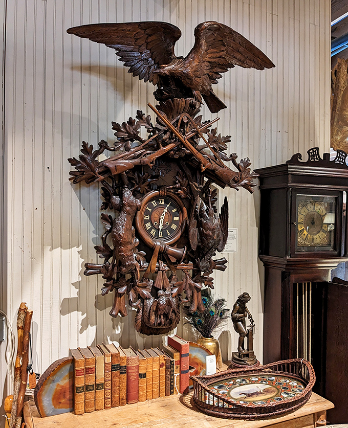 This magnificent Black Forest cuckoo clock isn't just keeping time—it's a sculptural masterpiece that turns checking the hour into a theatrical event.