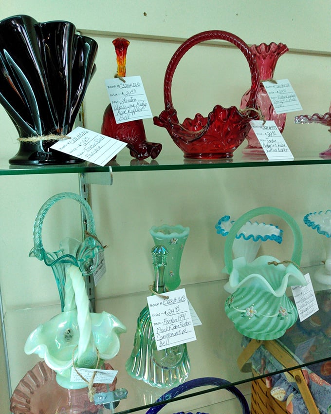 Jade glass and ruby red vessels catch the light like gemstones. These aren't just decorative items—they're functional art that survived decades of use.items