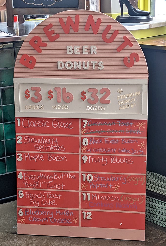 The circular Brewnuts sign tells you everything you need to know: beer, donuts, and prices that won't empty your wallet.