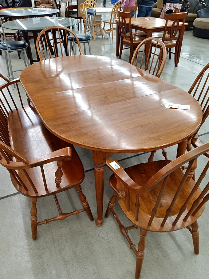 This solid wood dining table has hosted thousands of family dinners in its previous life and stands ready for thousands more in yours.