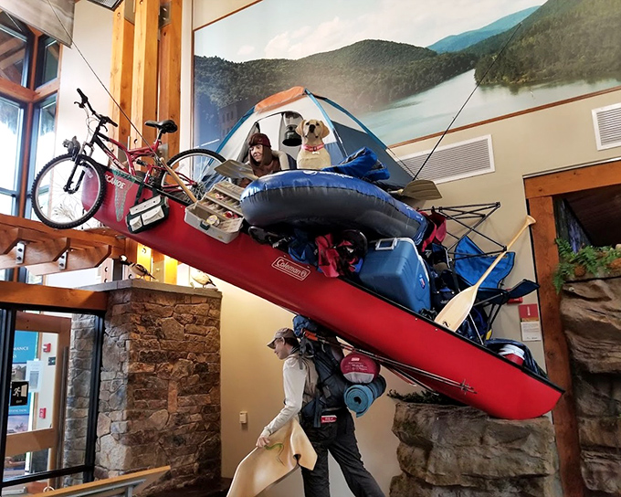The visitor center's playful display captures the spirit of outdoor adventure&mdash;canoe and all&mdash;bringing the outside world indoors.