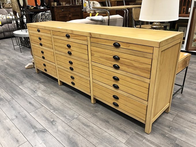 Not just storage&mdash;this is organizational nirvana. With its multitude of drawers, this piece could have organized a cartographer's maps or an artist's supplies in its previous life.