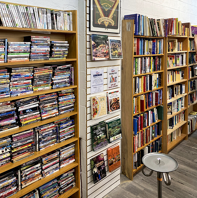 Books and DVDs line the shelves like a time capsule of entertainment, where yesterday's bestsellers become today's bargains.