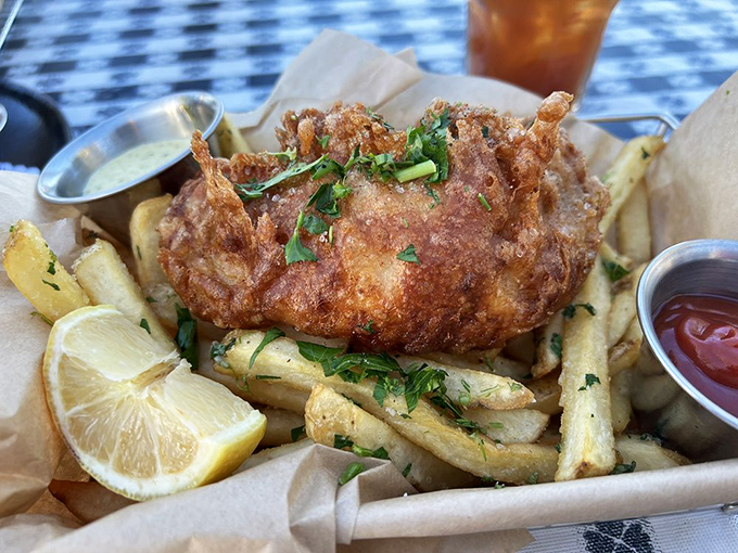 Fish and chips that actually crunch when you bite into them&mdash;a rarity that deserves celebration&mdash;nestled on a bed of fries that look hand-cut because, miracle of miracles, they actually are.