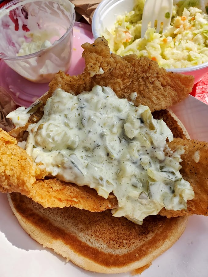 The flounder sandwich comes dressed for success with tartar sauce that could make a vegetarian question their life choices. Cole slaw on the side? Yes, please.