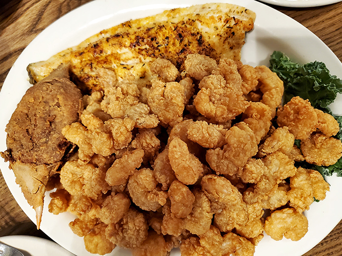 These crispy baby shrimp and flounder are having such a delicious reunion on the plate, you almost feel bad breaking up the party. Almost.