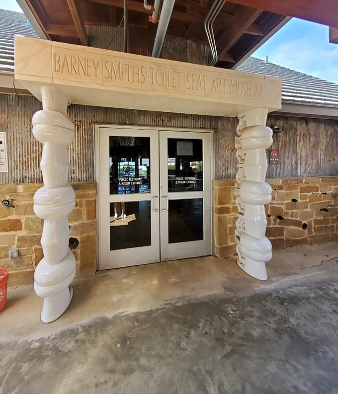 Even the entrance makes a statement with toilet-shaped columns. You know immediately this isn't your standard art gallery experience.