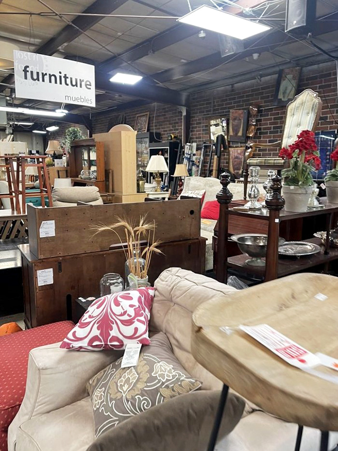 The furniture section feels like a living room reunion where mid-century modern mingles with contemporary comfort. That patterned pillow is practically winking at you!