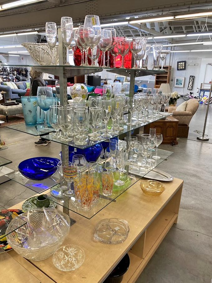 Crystal, cobalt, and clear glass treasures stand at attention like soldiers of sophistication, ready to elevate your home bar situation.