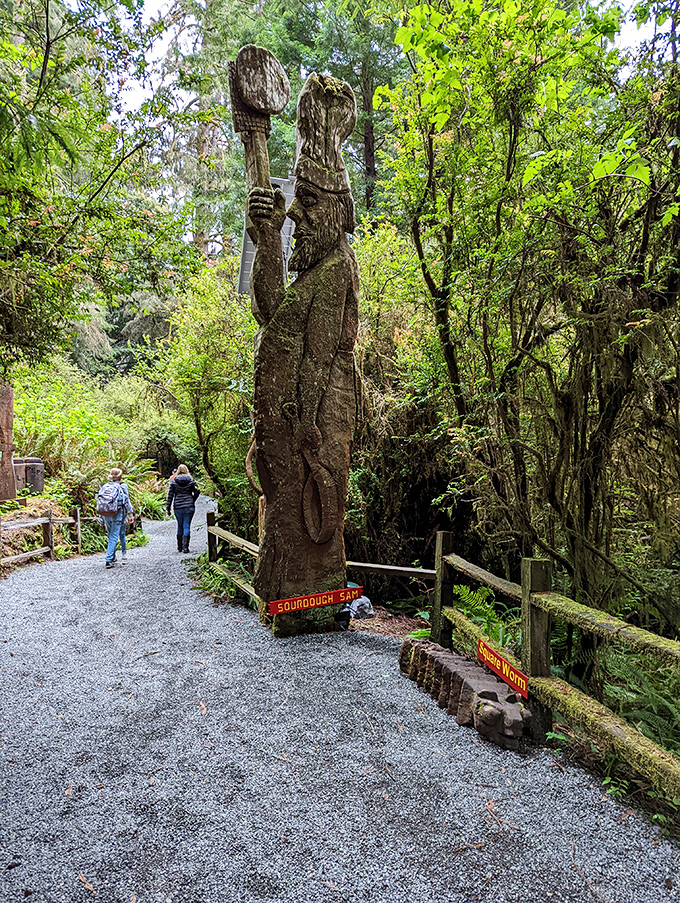 The "Sourdough Sam" carving towers over hikers, reminding us that in the redwood forest, even the artwork makes you feel delightfully small.