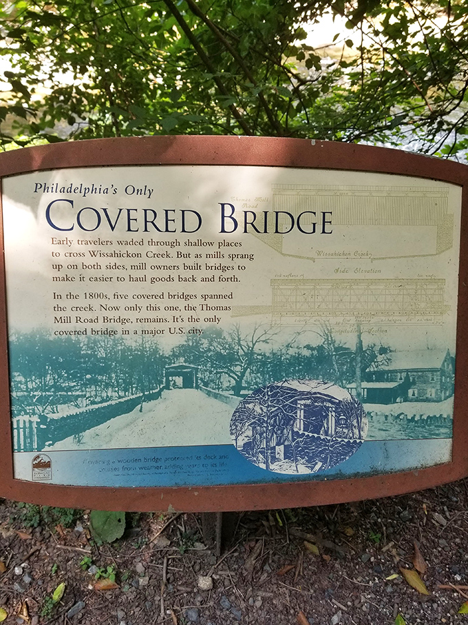 History you can actually read: This informative sign reveals the bridge's unique status as Philadelphia's last remaining covered bridge&mdash;a wooden survivor in a concrete jungle.