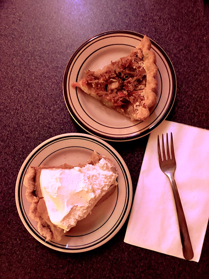 Pie perfection on classic diner plates. One slice for now, another for later, and regret for not ordering the whole thing.