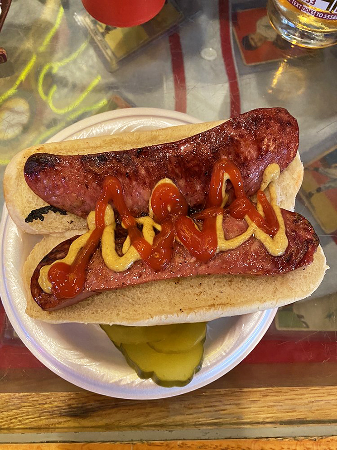 This isn't just any hot dog &ndash; it's a canvas of mustard and ketchup artistry atop a perfectly grilled sausage that demands to be savored.