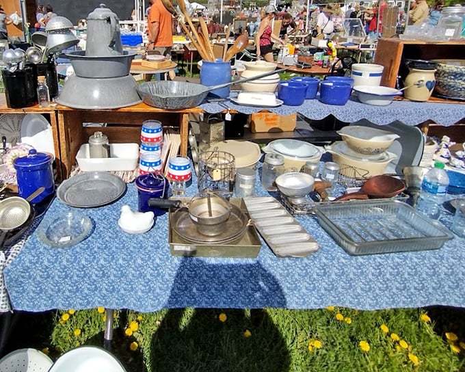Grandma's kitchen comes alive in this display of vintage kitchenware, where blue speckled enamelware and classic Pyrex bring back memories of Sunday dinners past.