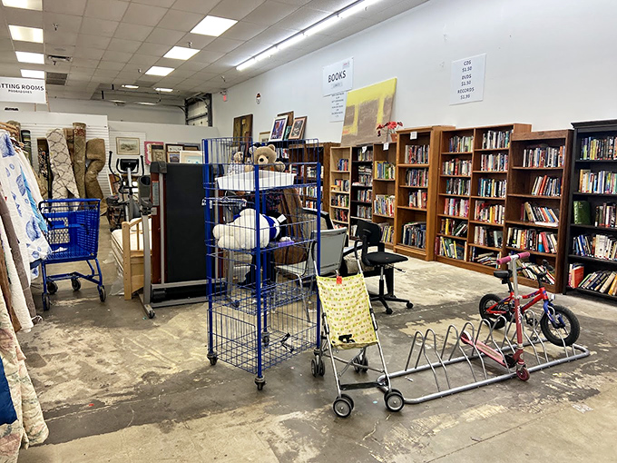 Between these shelves of books and random finds lies the thrill of the hunt. One person's discarded bicycle might be your child's next adventure.