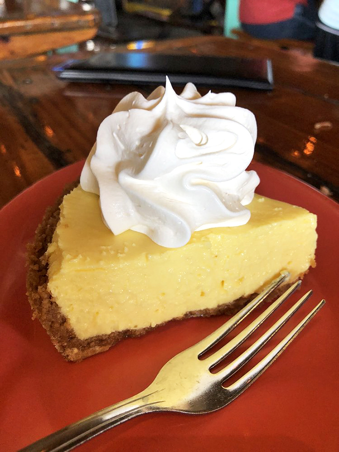 Key lime pie should be pale yellow, not green. This slice has the perfect sweet-tart balance that makes you close your eyes involuntarily.