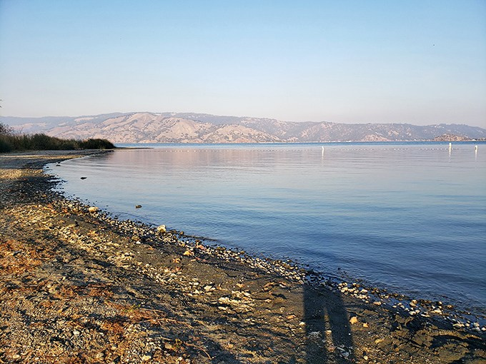 The shoreline stretches like nature's welcome mat, with mountains standing guard in the distance like patient sentinels of solitude.