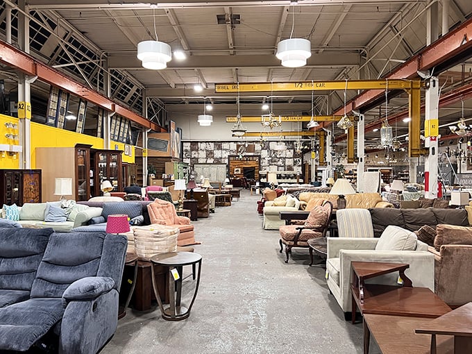 The furniture department resembles a living room museum where every decade gets equal representation. Mid-century meets yesterday's castoffs in perfect harmony.