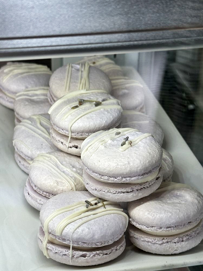 These lavender macarons aren't just desserts, they're edible art. Delicate meringue shells with white chocolate drizzle that shatter and melt with each heavenly bite.