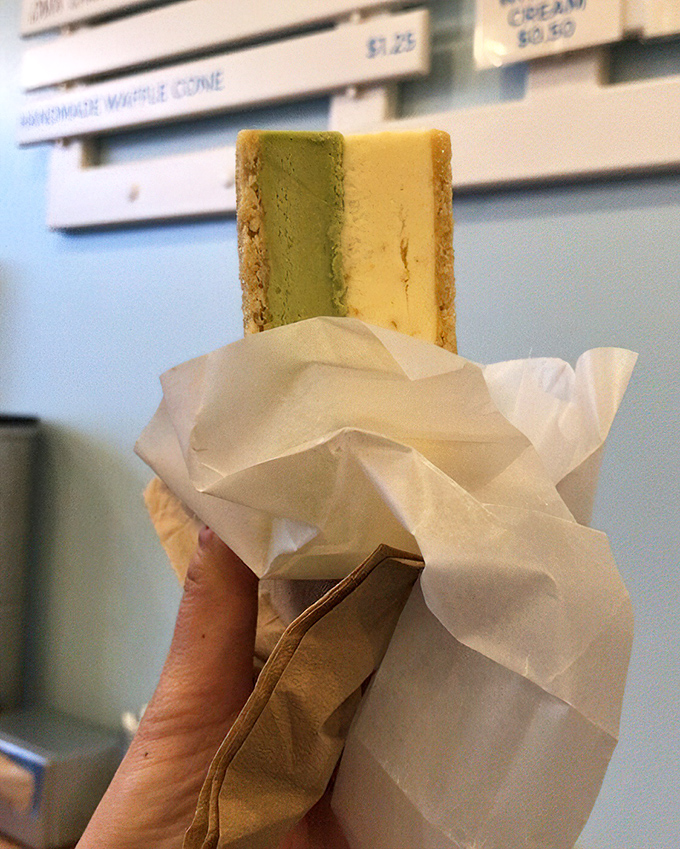 The matcha-vanilla sandwich: a study in contrasts. Two distinct personalities united by cookie borders, creating harmony in every bite.