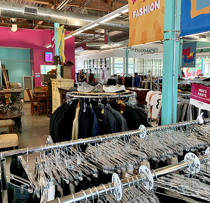 The men's clothing section is organized with military precision, making it dangerously easy to justify "just one more" shirt.