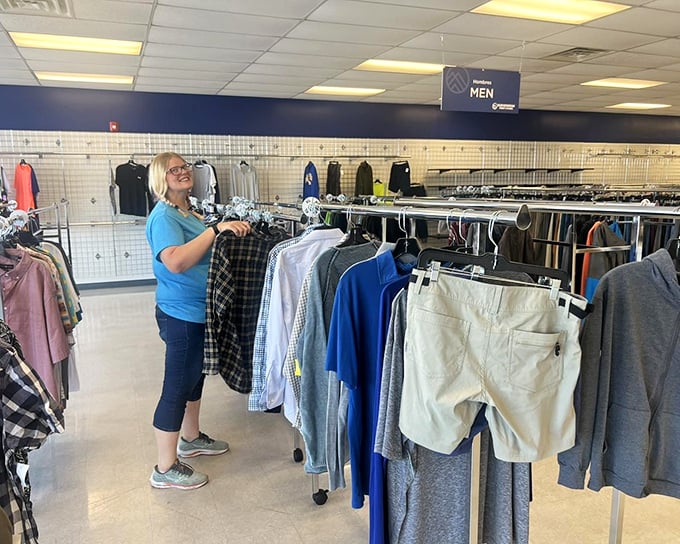 The men's department: where your husband can find that perfect flannel while you hunt for treasures elsewhere. Win-win shopping strategy.