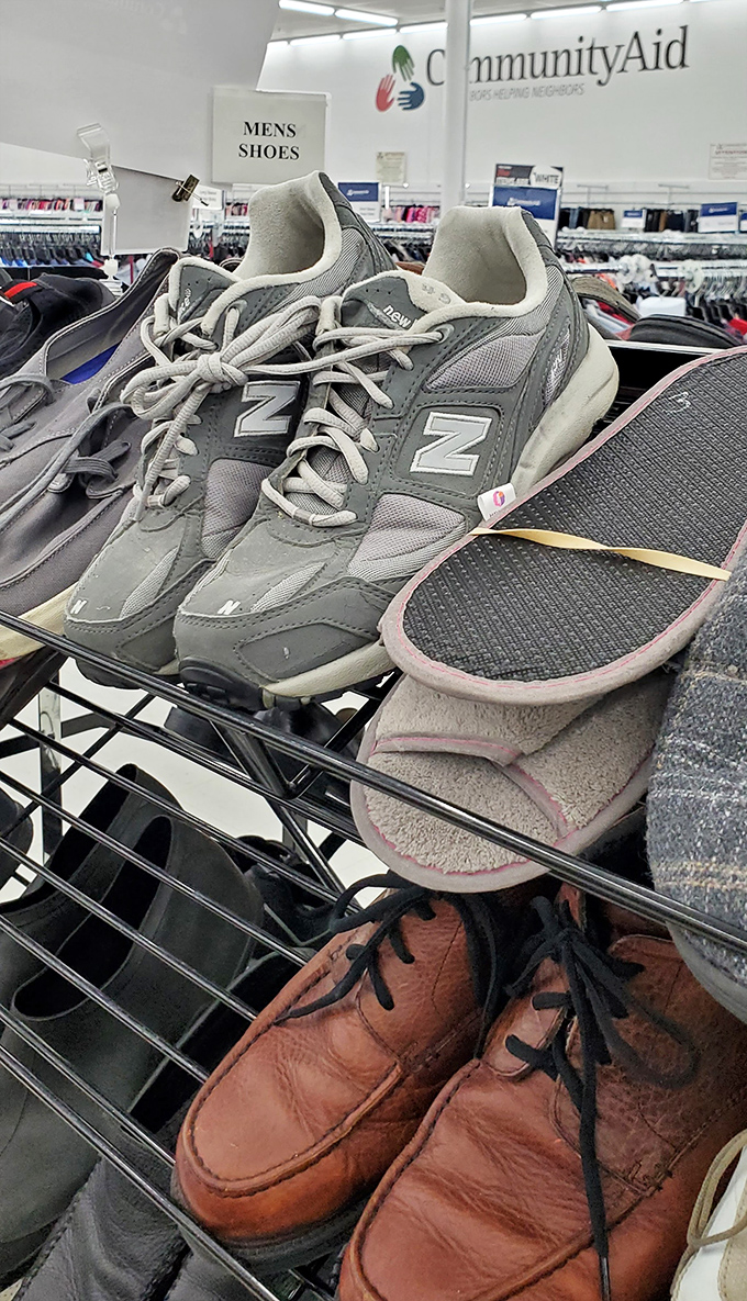 The footwear section&mdash;where barely-worn New Balance meets vintage leather oxfords in the great democratic shuffle of secondhand shoes.