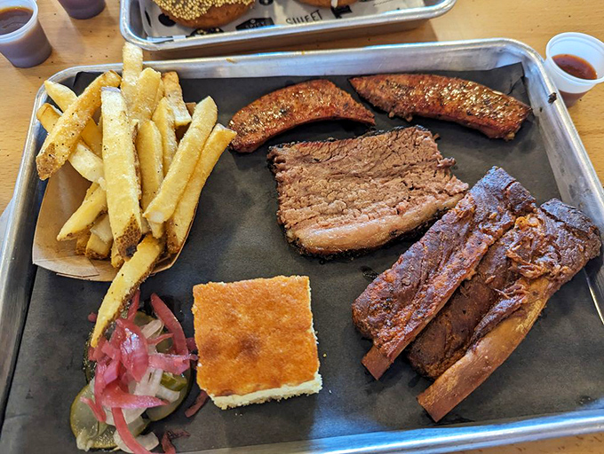 A barbecue tray that would make a Texan tip their hat&mdash;thick-cut brisket alongside perfectly seasoned fries and classic accompaniments.