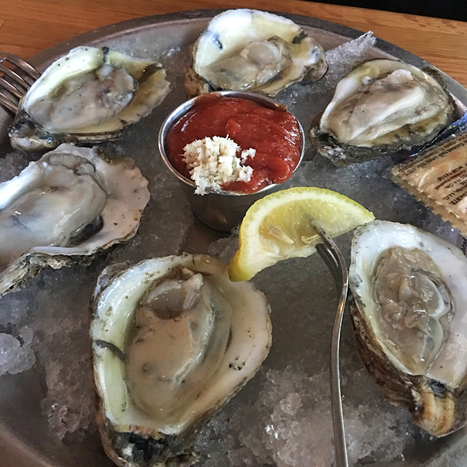 Oysters so fresh they practically whisper tales of the sea. That little cup of cocktail sauce is just waiting for its moment of glory.