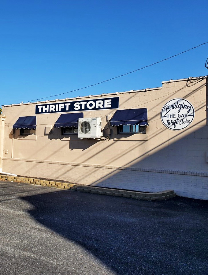 The distinctive Bridging the Gap logo adorns the cream-colored building, a beacon for bargain hunters throughout Delaware.