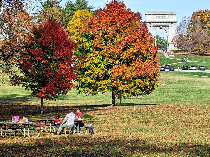 Fall foliage creates the perfect backdrop for picnics that would make Norman Rockwell reach for his paintbrush.