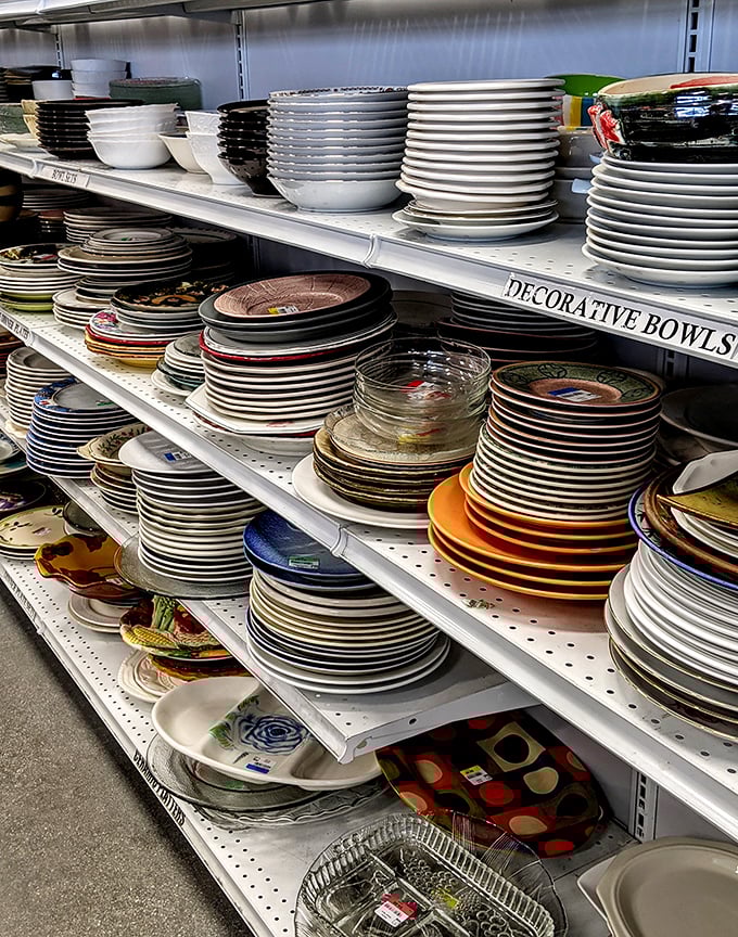 Plates stacked higher than a diner during breakfast rush. Someone's wedding registry is another's perfect vintage table setting waiting to happen.