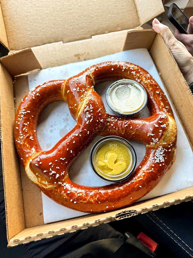 This German-style pretzel isn't playing games&mdash;it's a serious commitment to carb perfection, those salt crystals catching the light like delicious diamonds.