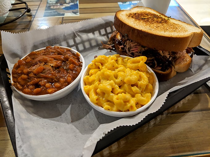 The pulled pork sandwich arrives with sides that aren't afterthoughts but co-stars&mdash;mac and cheese that's actually cheesy and baked beans with substance.