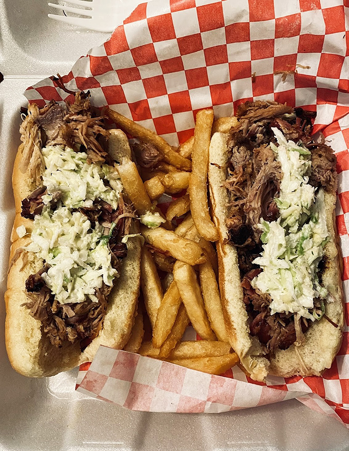 Two pulled pork sandwiches with the perfect slaw-to-meat ratio&mdash;like a barbecue mathematician solved a delicious equation.