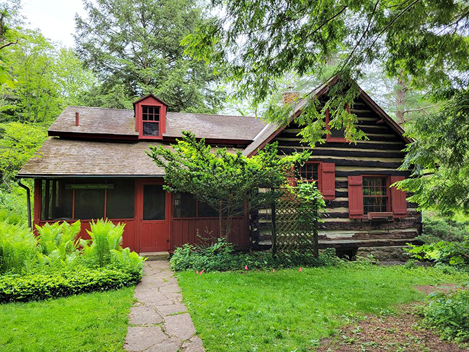 This rustic cabin sits among the trees like a scene from your favorite childhood storybook.