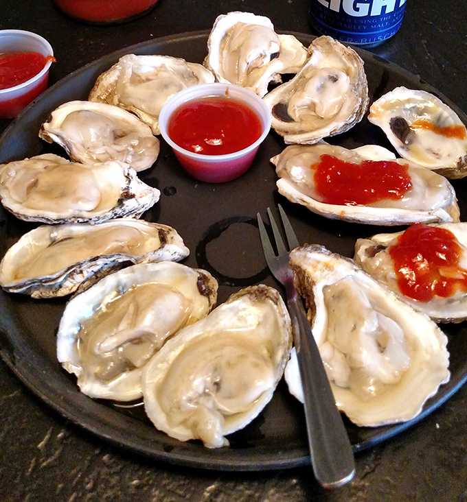 These oysters aren't just served, they're presented like briny pearls of the Delaware Bay—naked except for a splash of cocktail sauce.