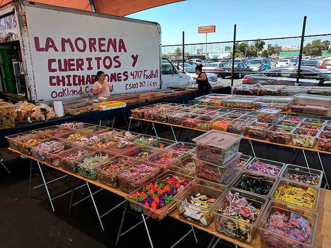 La Morena's candy display is childhood nostalgia in technicolor. Mexican treats that make your standard vending machine look like it's not even trying.