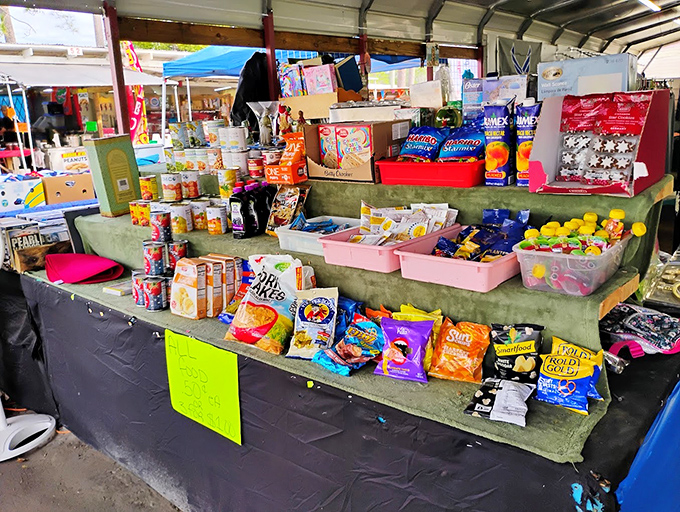 The snack vendor's technicolor temptation station – where diet plans go to die and road trip fuel is acquired in crinkly, neon-bright packages.