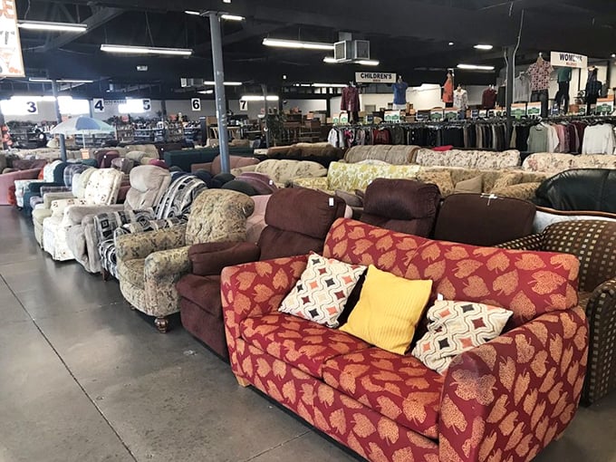 The sofa lineup resembles a support group for retired furniture. "Hi, I'm a floral loveseat, and I've been without an owner for three weeks."