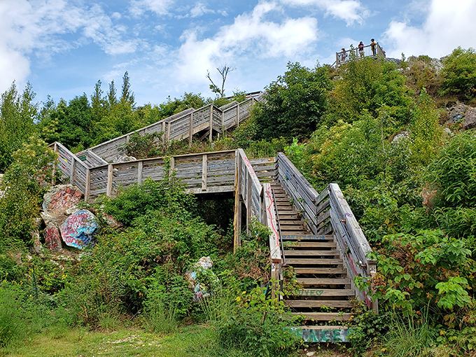 Stairway to a view that makes your knees weak&mdash;though that might also be from the climb. These wooden steps lead adventurers to Bell Mountain's famous panoramic vistas.