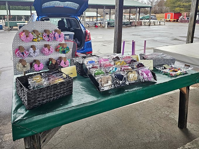 Hair accessories galore! Like a colorful garden of fabric blooms, these scrunchies and bows await their chance to brighten someone's day.