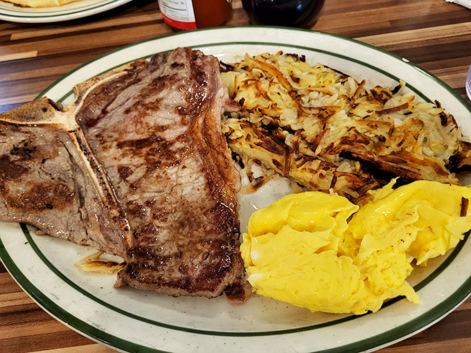 The T-bone steak and eggs&mdash;a breakfast of champions or anyone who believes calories don't count before noon.
