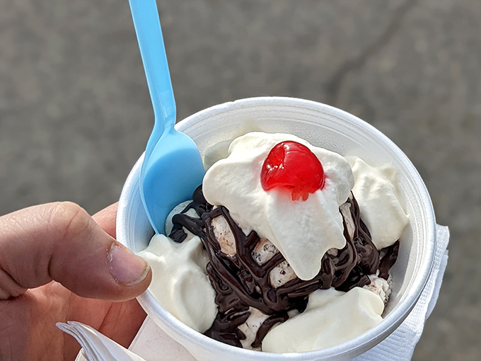 This isn't just a sundae, it's a work of art. Rich ice cream crowned with whipped cream, chocolate, and that essential cherry.
