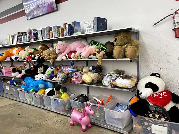 A stuffed animal reunion where childhood companions patiently wait for their next adventure. That pink unicorn has seen things, but keeps its secrets.